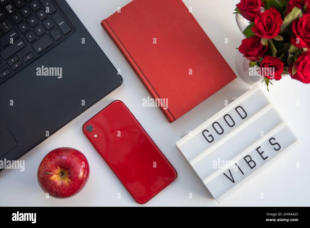 Good vibes message on a white desk, working from home or office Stock ...