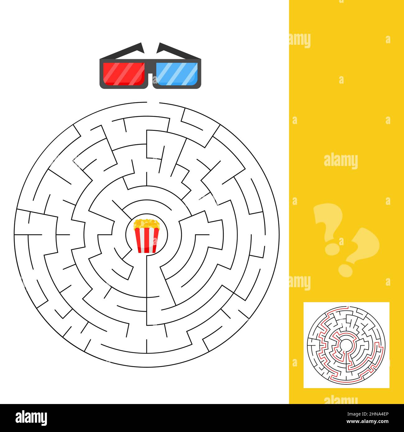 3d glasses and popcorn - maze game for kids. Connect the elements by ...
