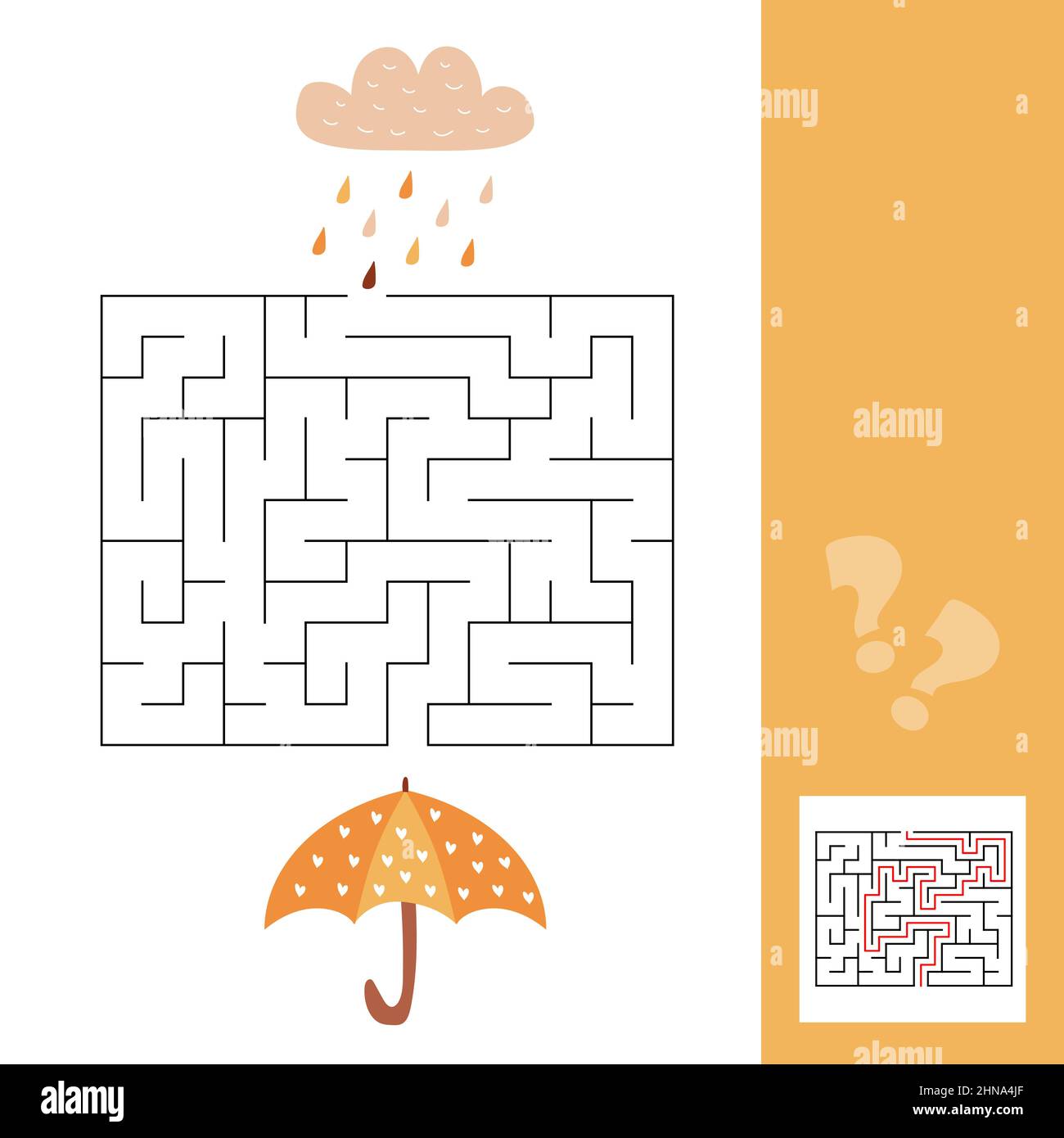 Umbrella and rain - easy maze for younger kids with a solution. Maze ...