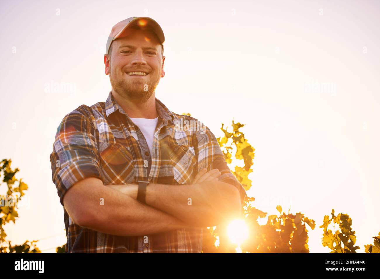 Im the master of this vineyard. Portrait of a happy farmer posing with ...