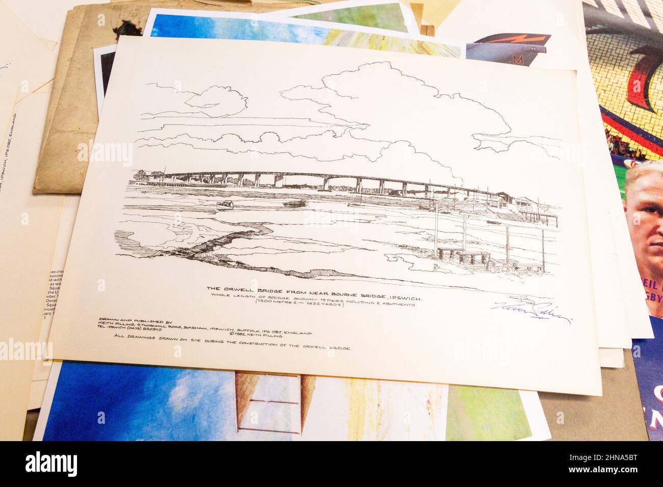 Pile of prints - drawing construction of Orwell Bridge, Ipswich ...