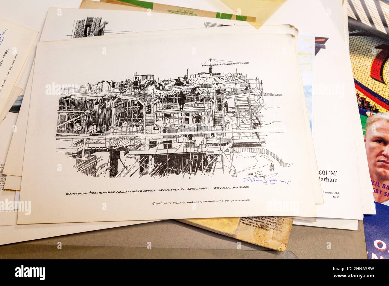 Pile of prints - drawing construction of Orwell Bridge, Ipswich ...
