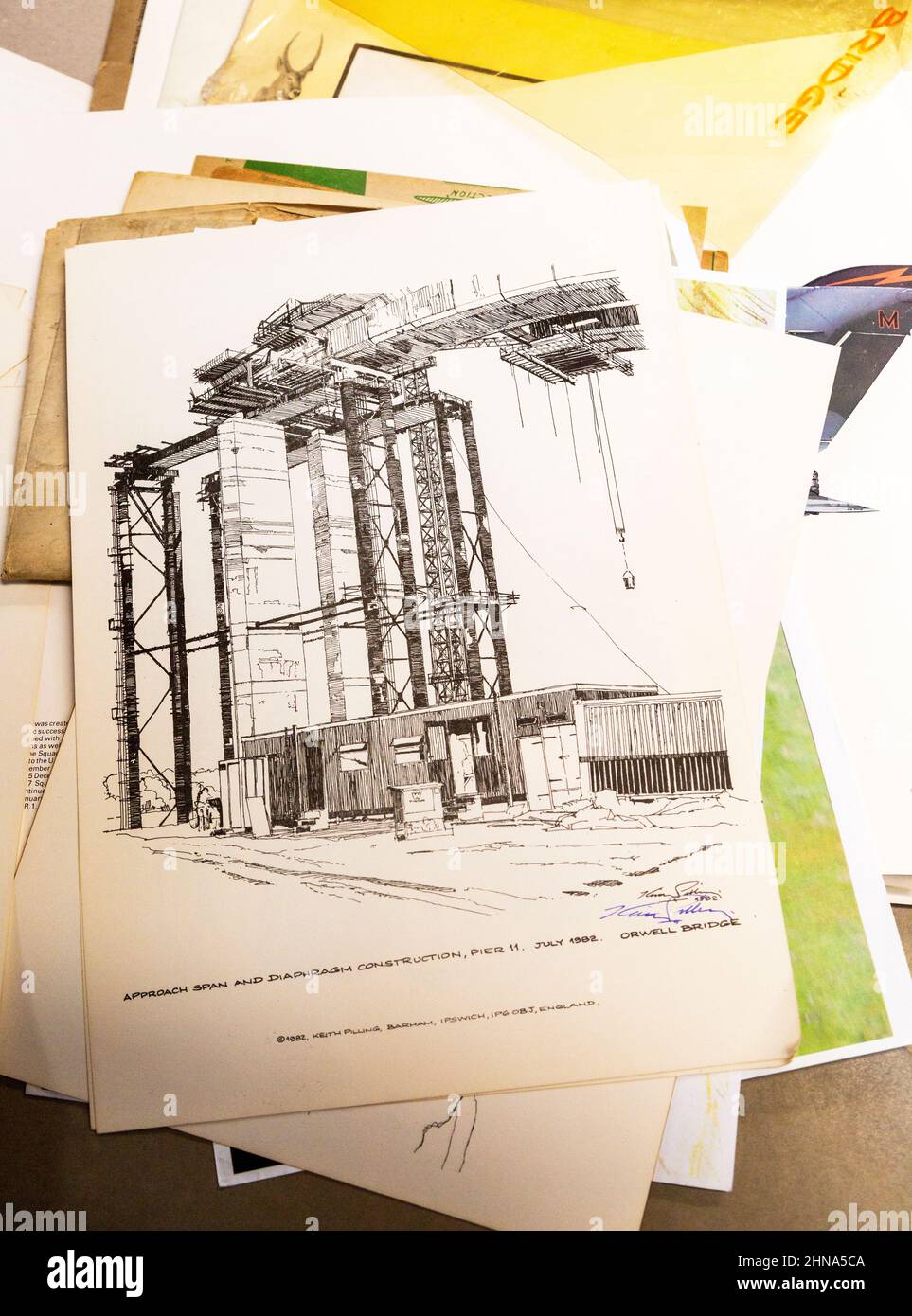 Pile of prints - drawing construction of Orwell Bridge, Ipswich ...