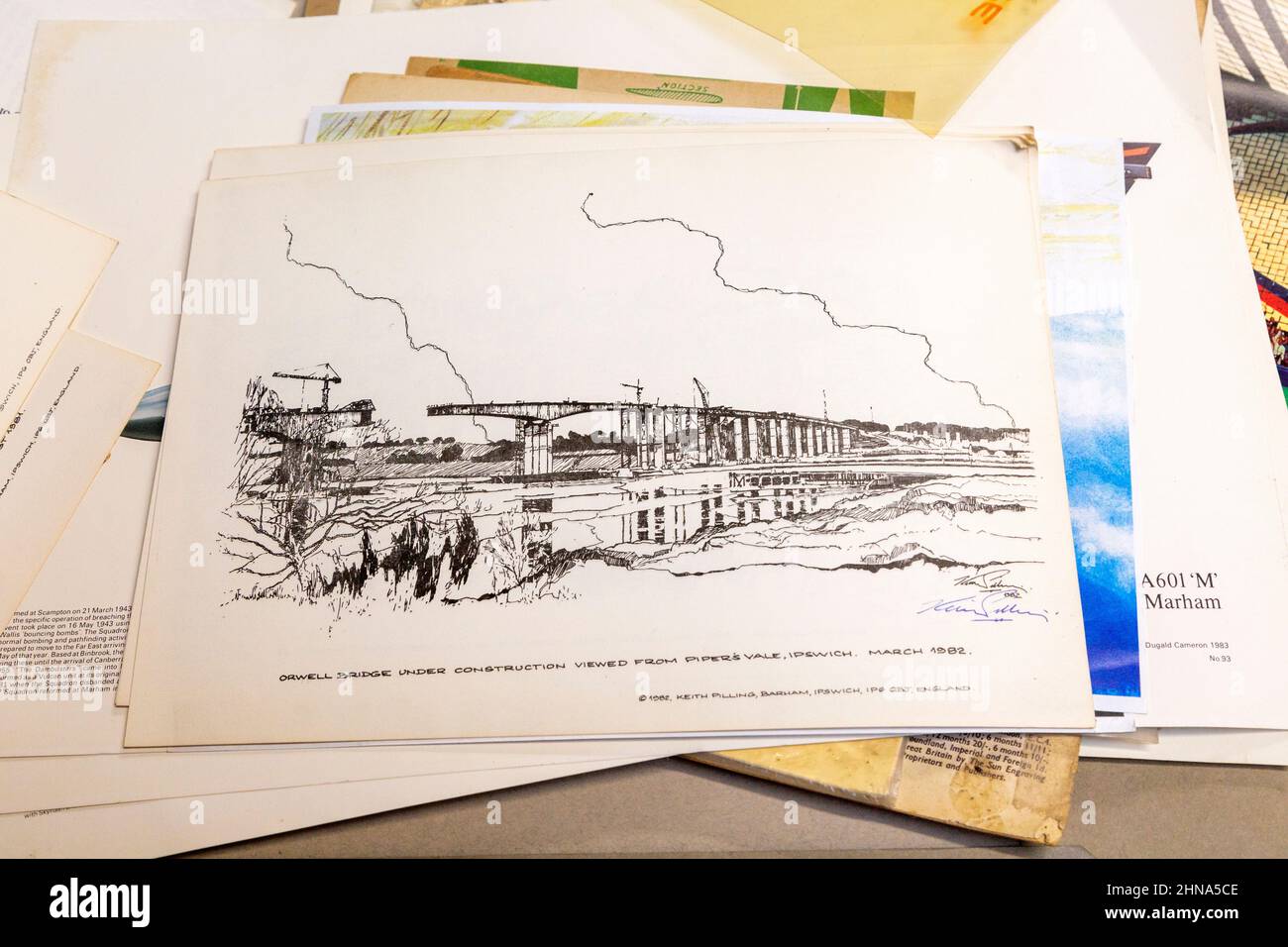 Pile of prints - drawing construction of Orwell Bridge, Ipswich ...