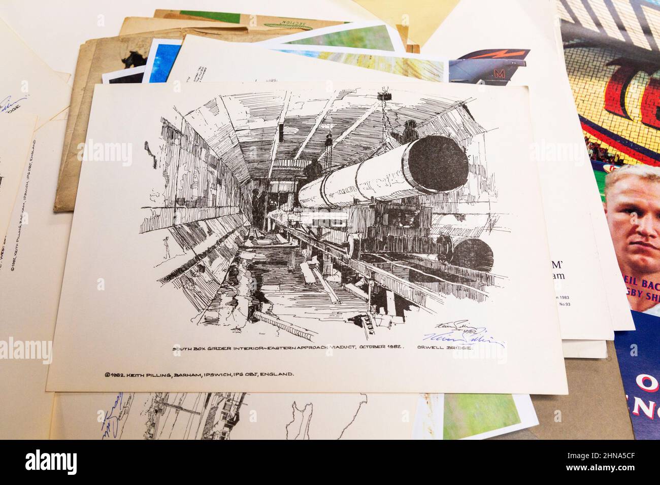 Pile of prints - drawing construction of Orwell Bridge, Ipswich ...