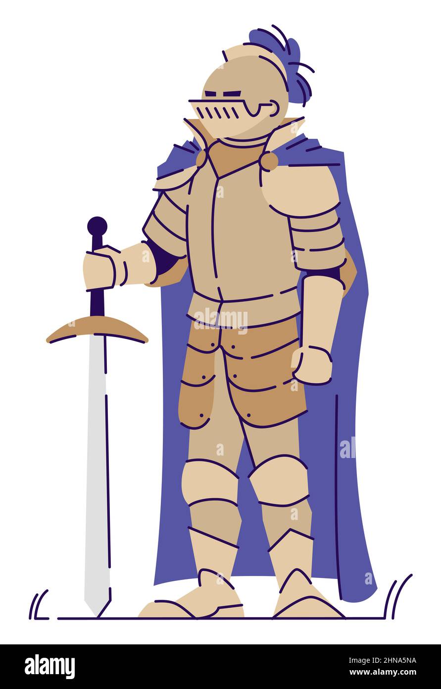 Medieval knight wearing armor semi flat RGB color vector illustration ...