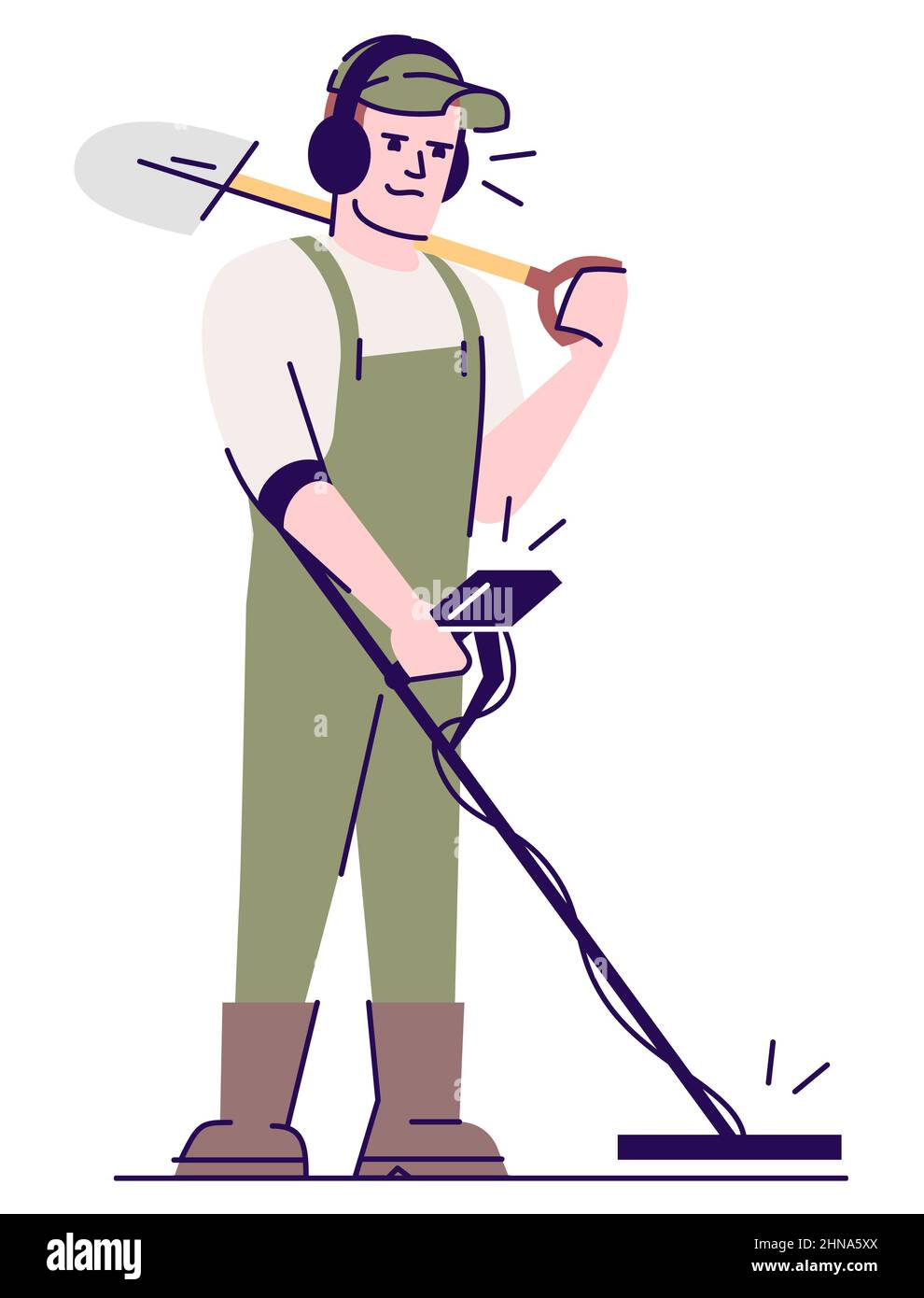 Archaeologist with metal detector semi flat RGB color vector ...