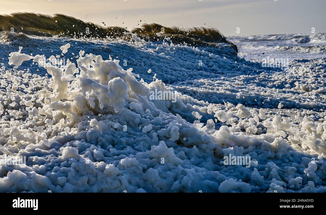 30 January 2022, Denmark, Klitmöller: A lot of foam from the surf of ...