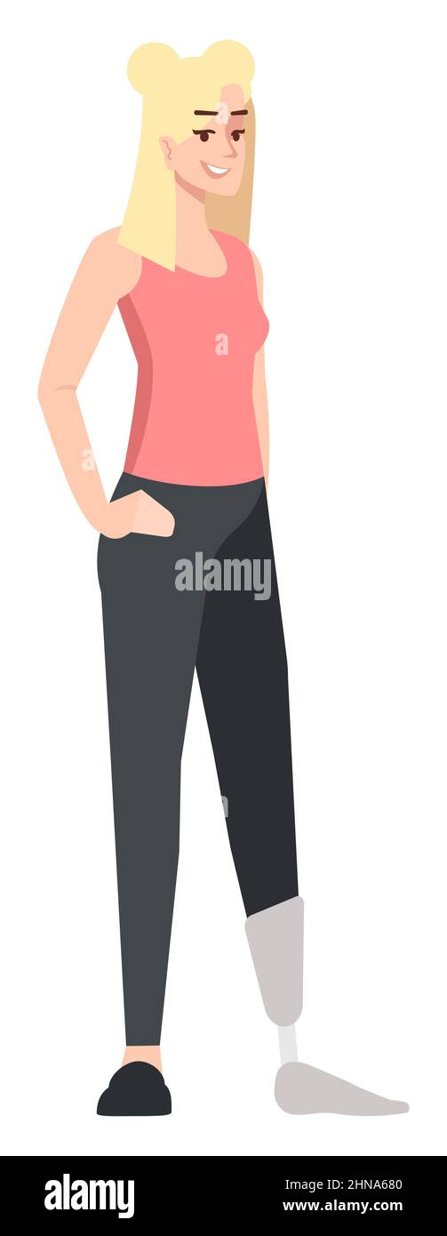 Smiling girl with prosthetic leg semi flat RGB color vector ...