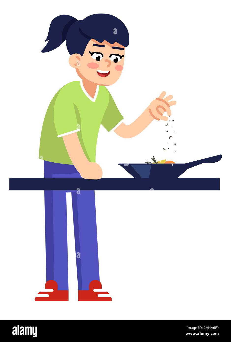 Happy girl adding spices to food semi flat RGB color vector ...