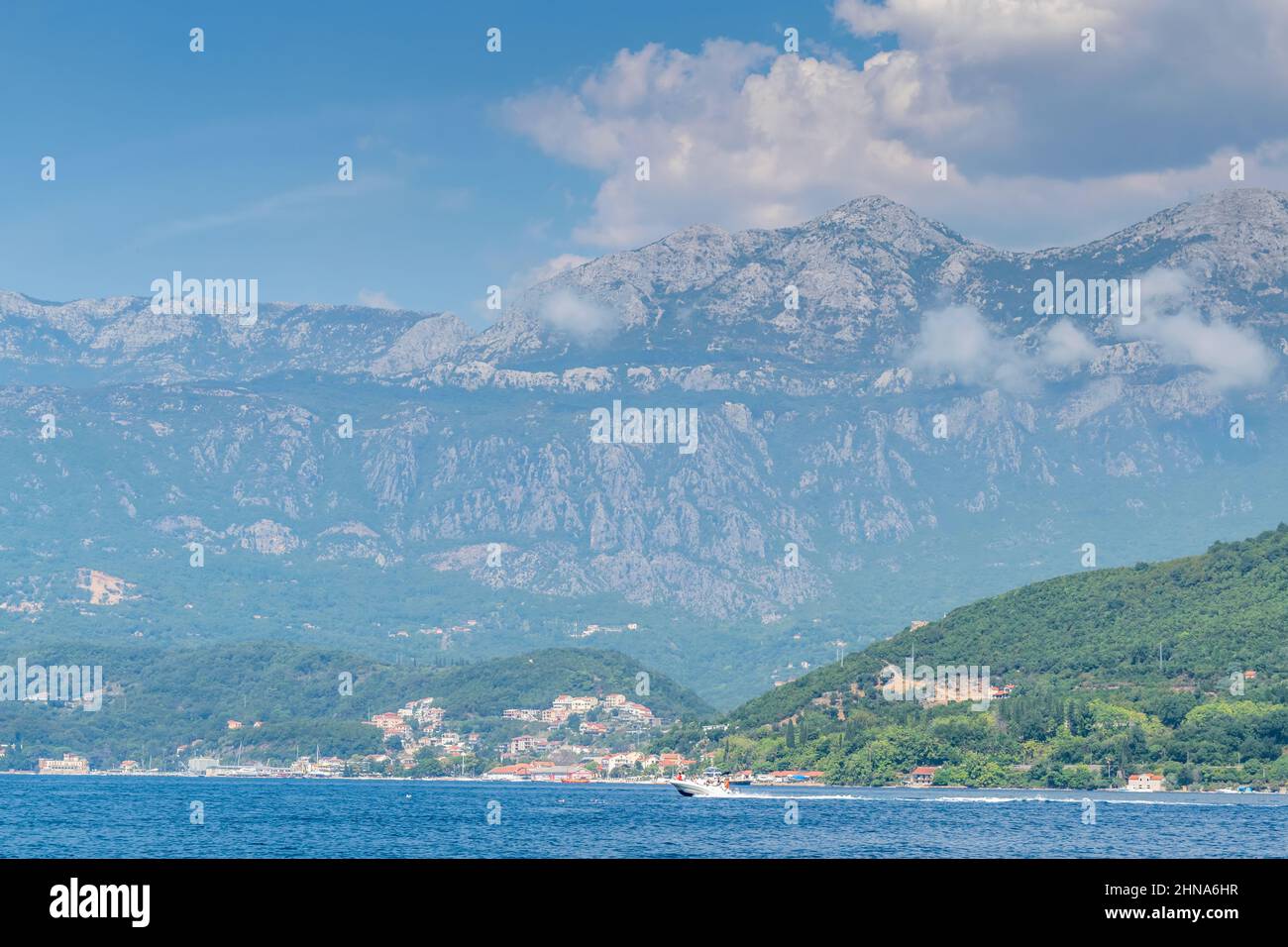 Scenic panoramic landscape view of historic town on Bay of Kotor ...