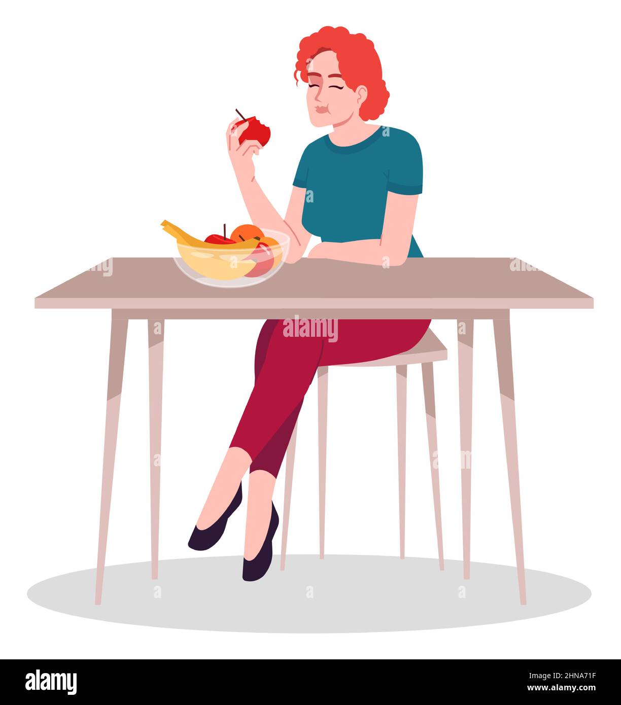 Pleased lady eating fresh fruits semi flat RGB color vector ...