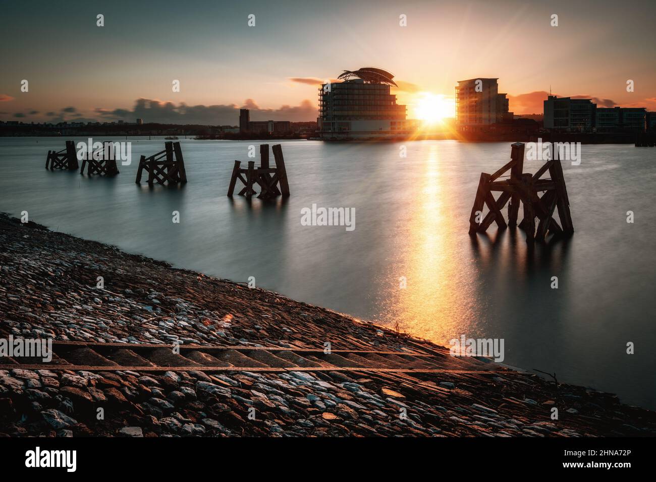 Cardiff Bay sunset, South Wales UK with a clear sky on a cold winter ...