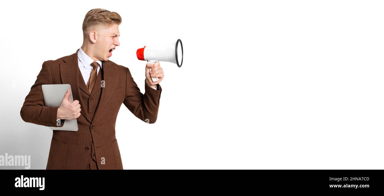 Shouting young man, student wearing suit of 80s, 70s fashion style ...