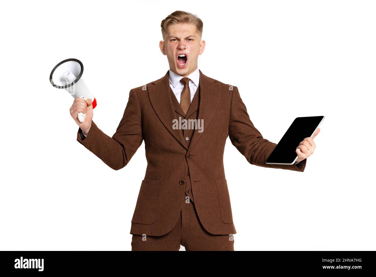 Shouting young man, student wearing suit of 80s, 70s fashion style ...