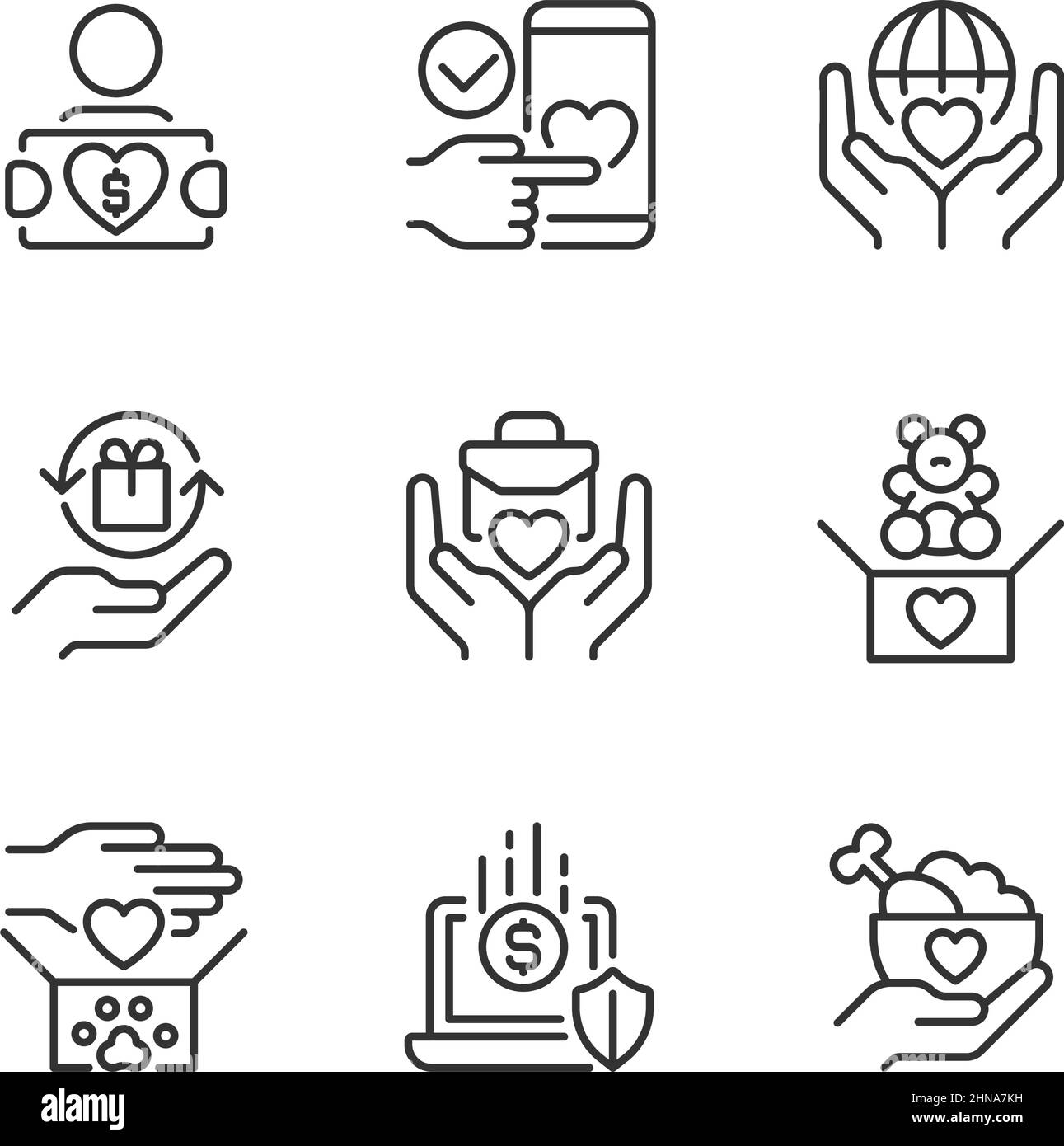 Donating to multiple charities pixel perfect linear icons set Stock ...