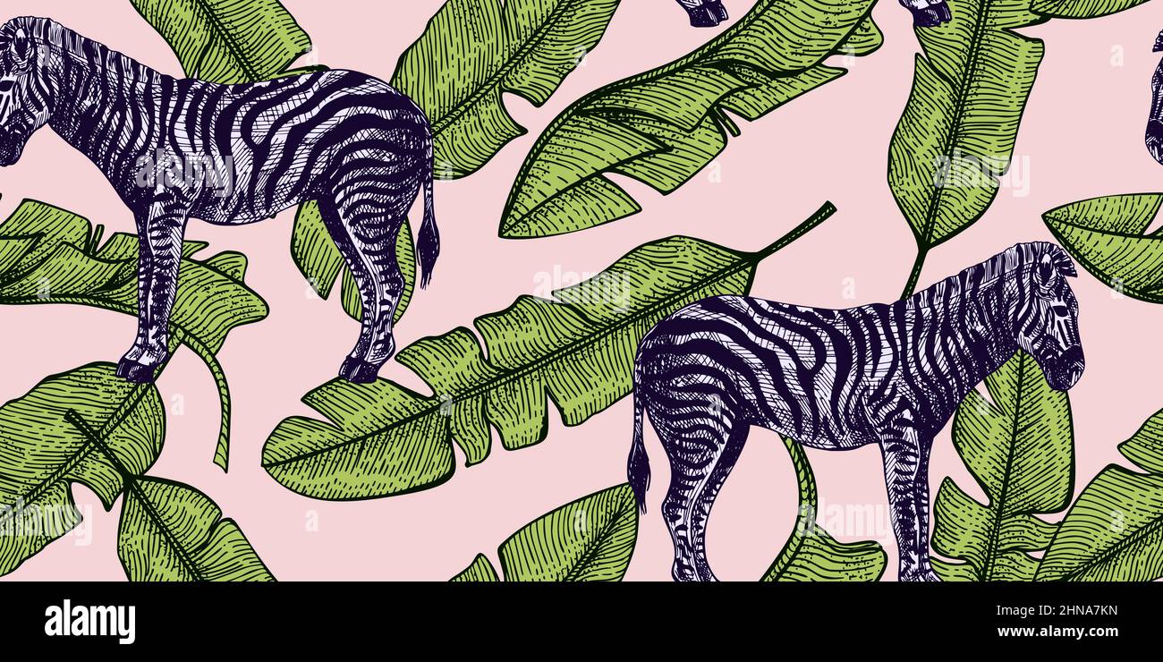 Tropical zebra and banana leaf seamless pattern. Retro african animals ...