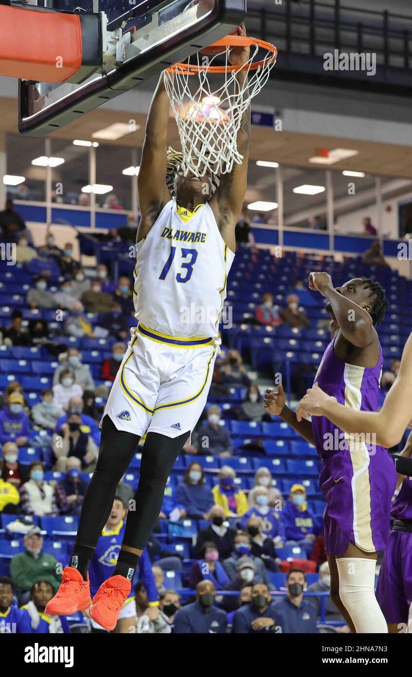 Newark, DE, USA. 14th Feb, 2022. Delaware Forward JYÃ RE DAVIS (13 ...