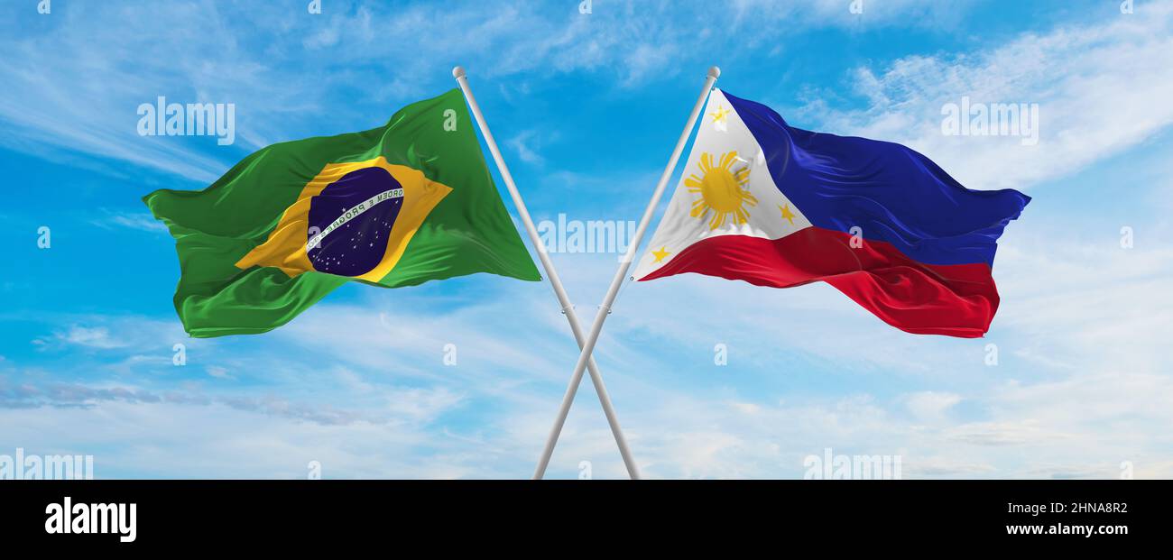 crossed national flags of Brazil and Philippines flag waving in the ...
