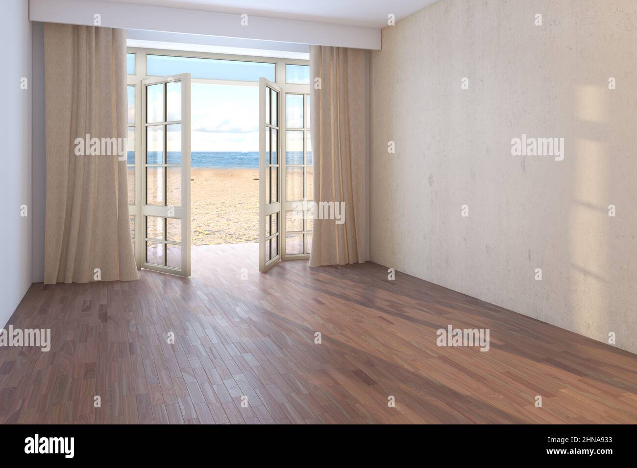 Hotel with Sea View. Empty Room with Open Windows Overlooking the Ocean ...