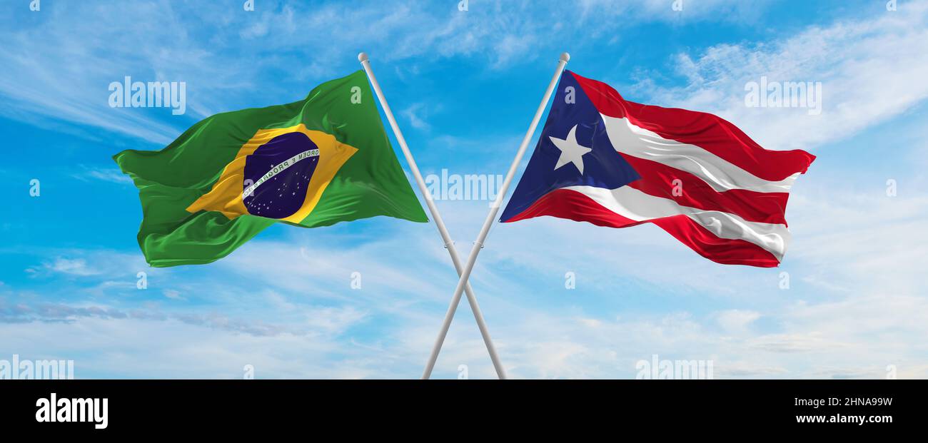 crossed national flags of Brazil and Puerto Rico flag waving in the ...