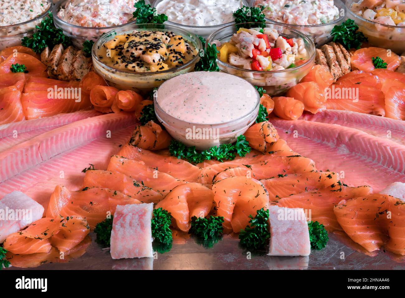 Arrangement of various different fish gourmet food, nicely arranged on ...