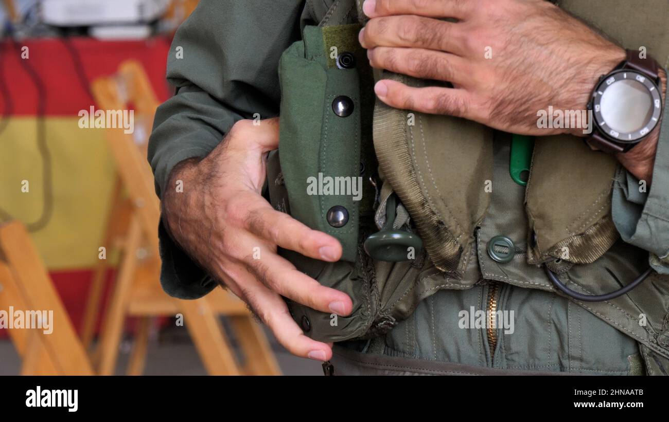 Gran Canaria Airport Spain OCTOBER, 21, 2021 Military fighter jet pilot ...