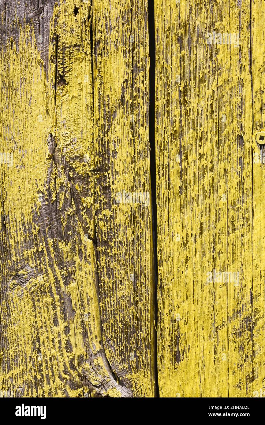 Close-up of grooves and saw marks on surface of yellow painted wood ...