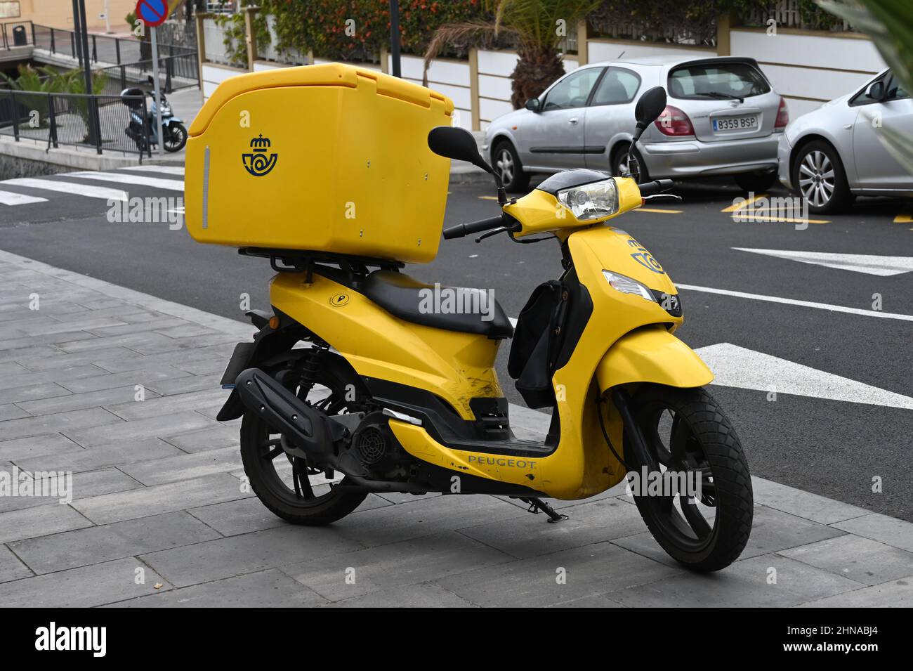 Scooter of the postal service Correos, Tenerife, Spain parked on a ...