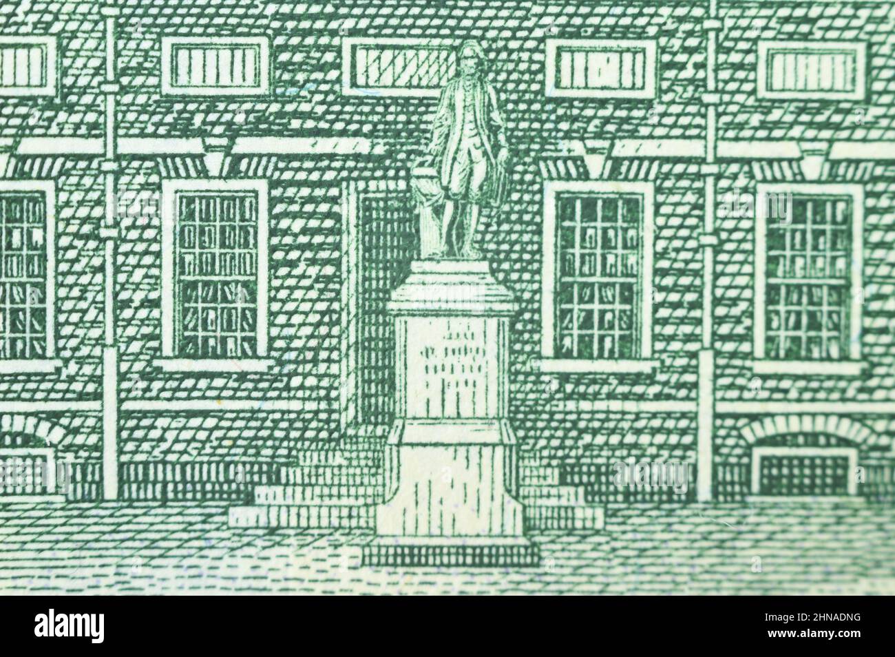 Independence Hall is super close-up on a hundred US dollars banknote of ...