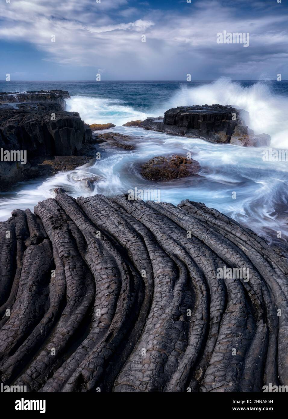 Pahoehoe (roppy) lava) and ocean. Hawaii, The Biog Island of Hawaii ...