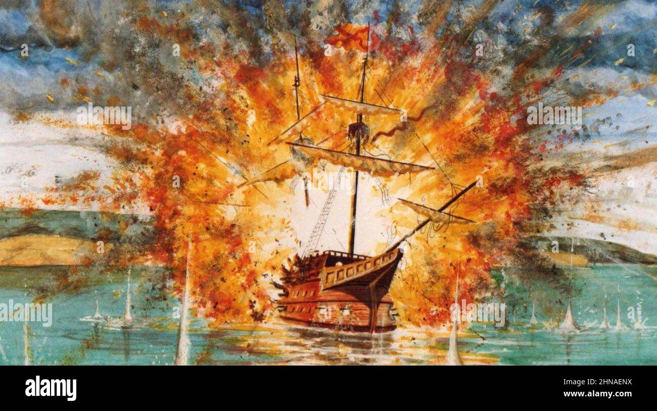 SPANISH ARMADA 1588. Explosion aboard the San Juan de Sicilia off the ...