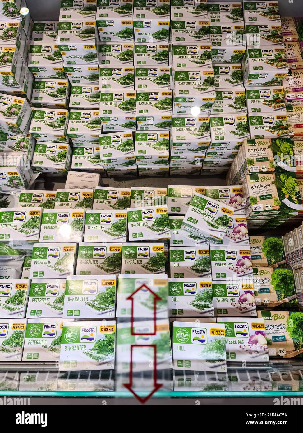 Kiel, Germany - 15. February 2022: Various pack of Frosta brand herb ...