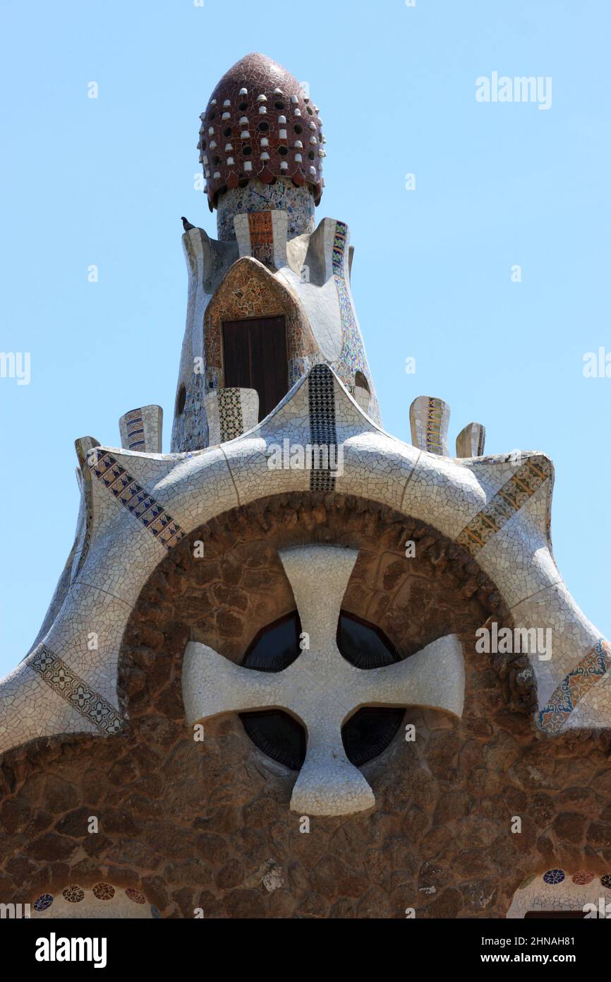 The tower at park Guell. Is a garden complex with architectural ...
