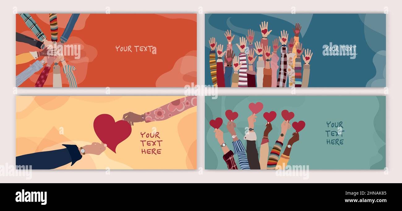 Banner - cover with group of volunteer multicultural people - editable ...