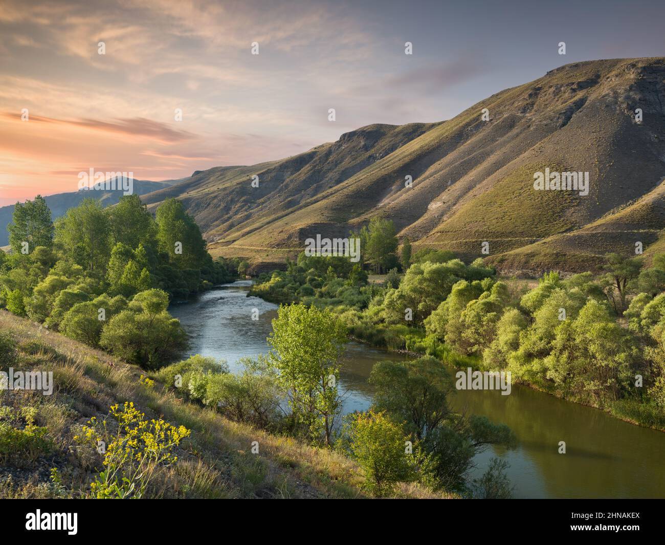 View of Coruh River near Bayburt at sunrise. Beautiful river flow ...