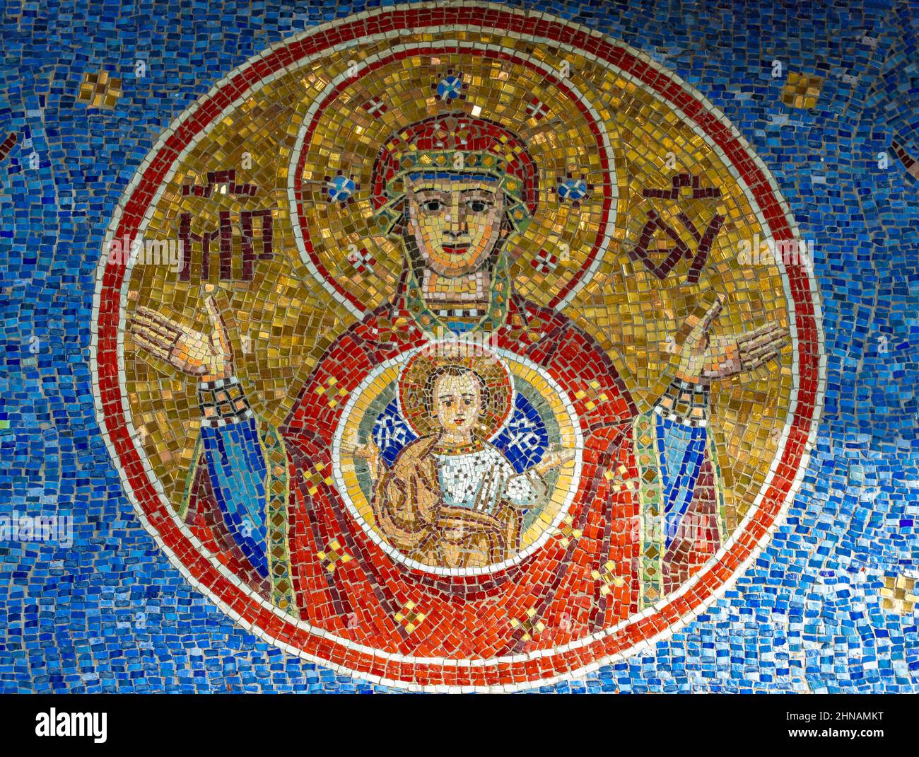 Closeup of a mosaic fresco representing the mother of Jesus with the ...