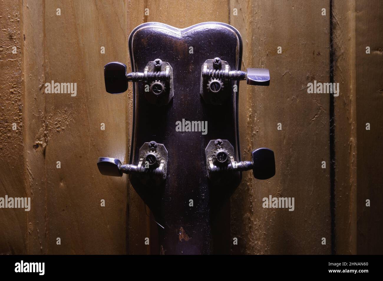 Details of a small guitar with four strings, rear part of a head and ...