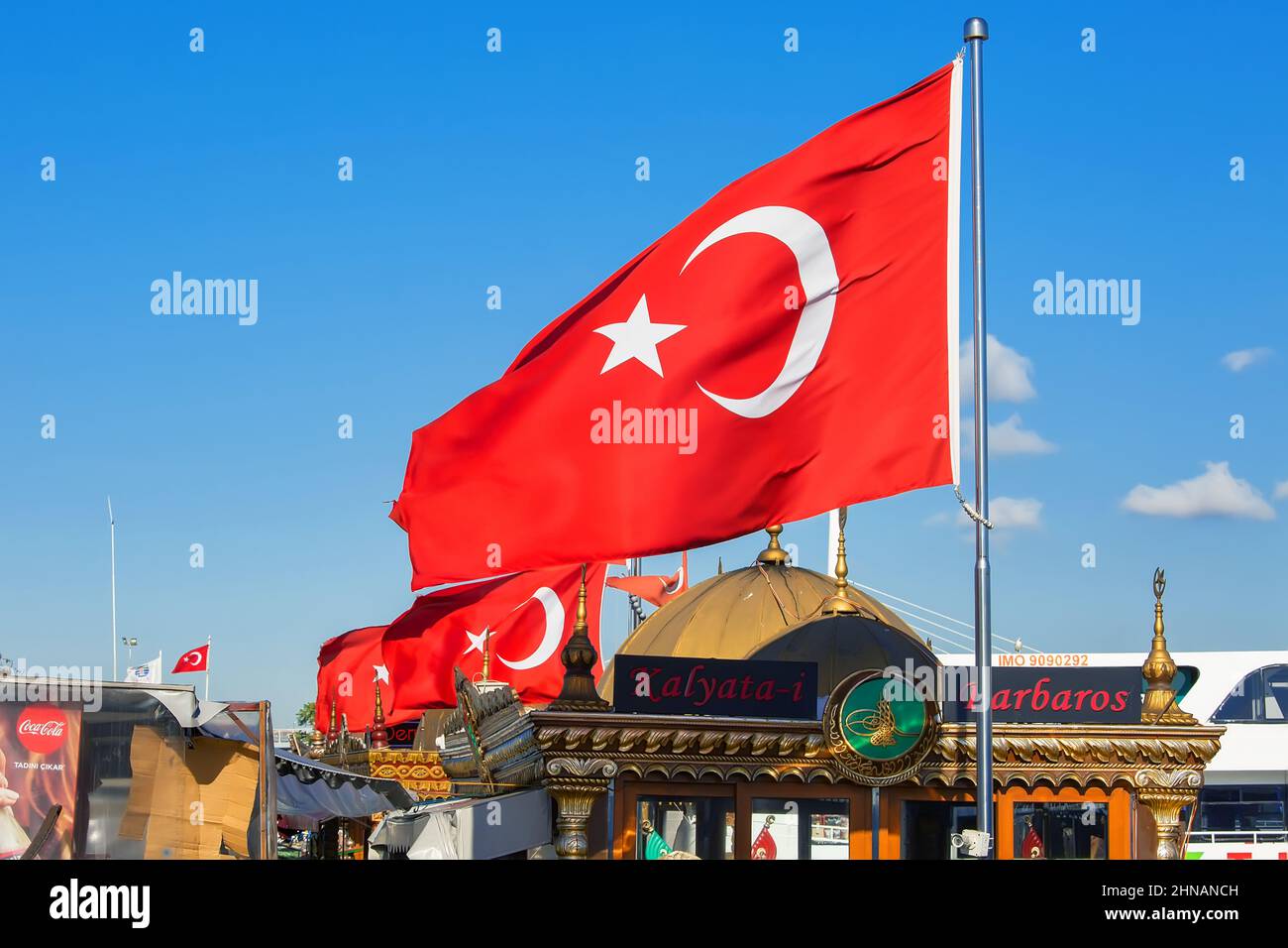 ISTANBUL, TURKEY - October 10th, 2019: Turkish flag in Eminonu pier ...