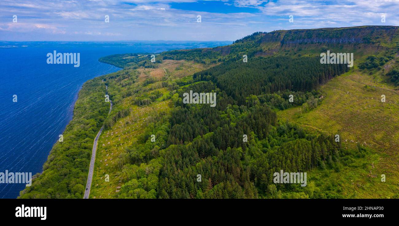 Aerial of Lower lough Erne below the Cliffs of Magho, County Fermanagh ...