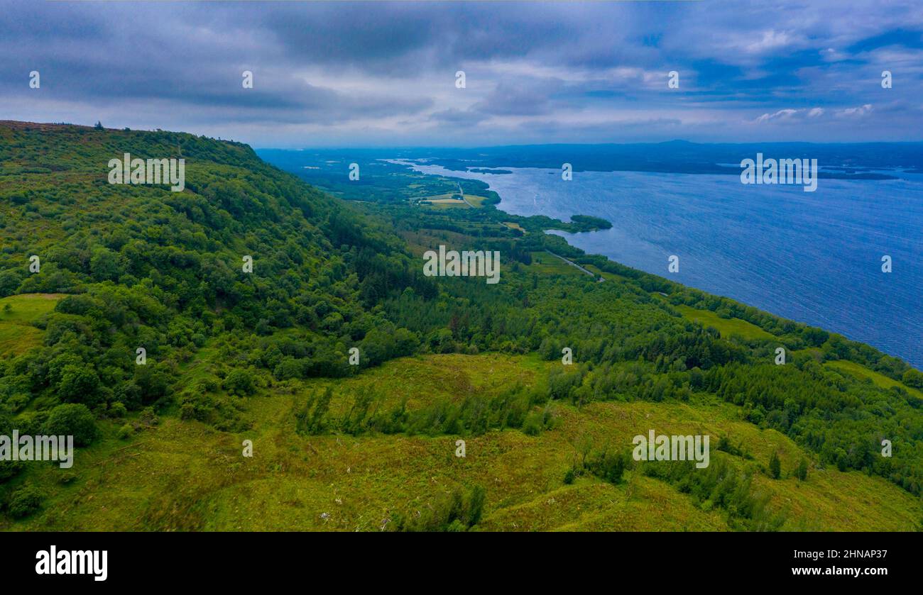 Aerial of Lower lough Erne below the Cliffs of Magho, County Fermanagh ...