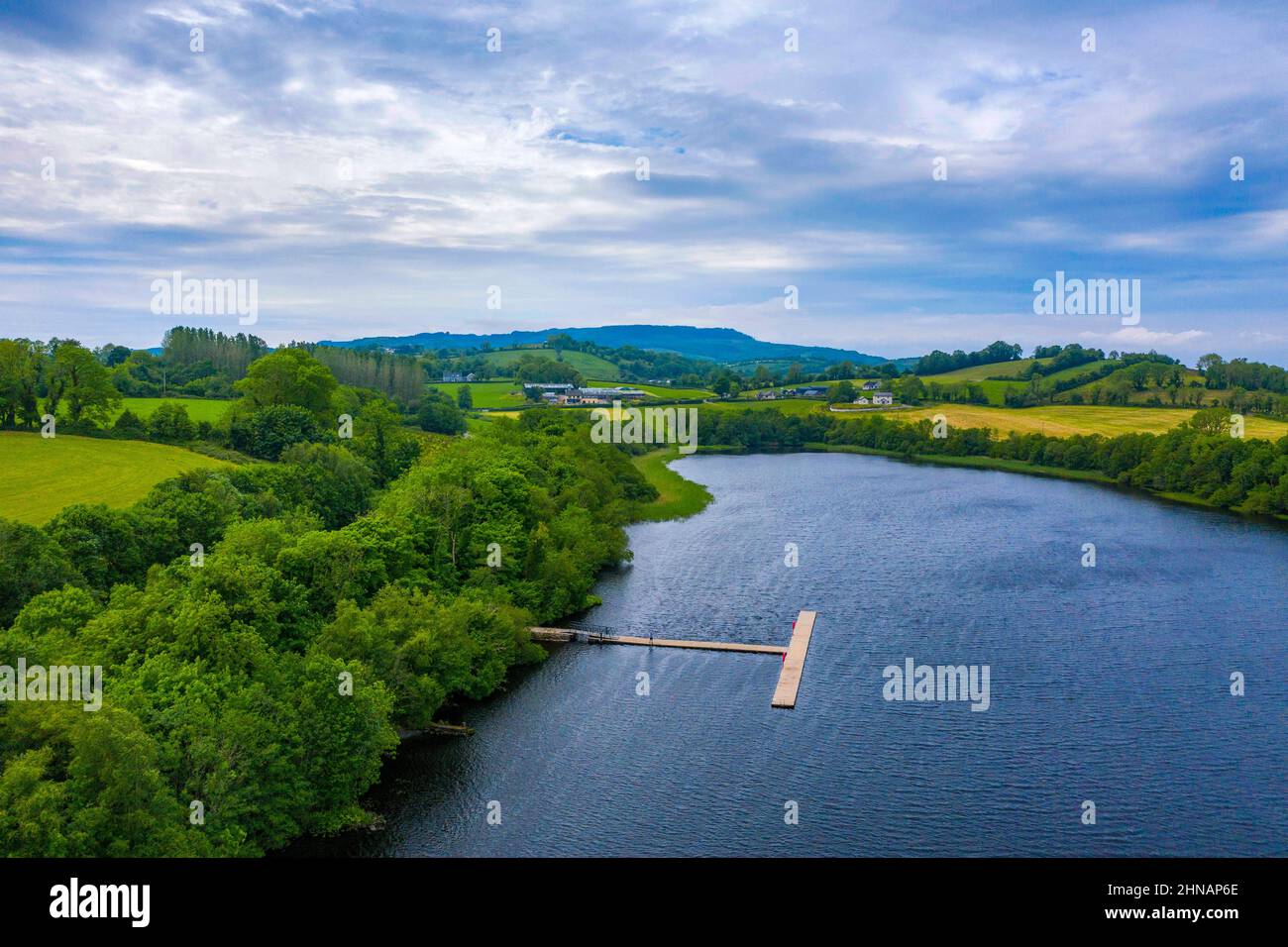 Aerial of Lower lough Erne below the Cliffs of Magho, County Fermanagh ...