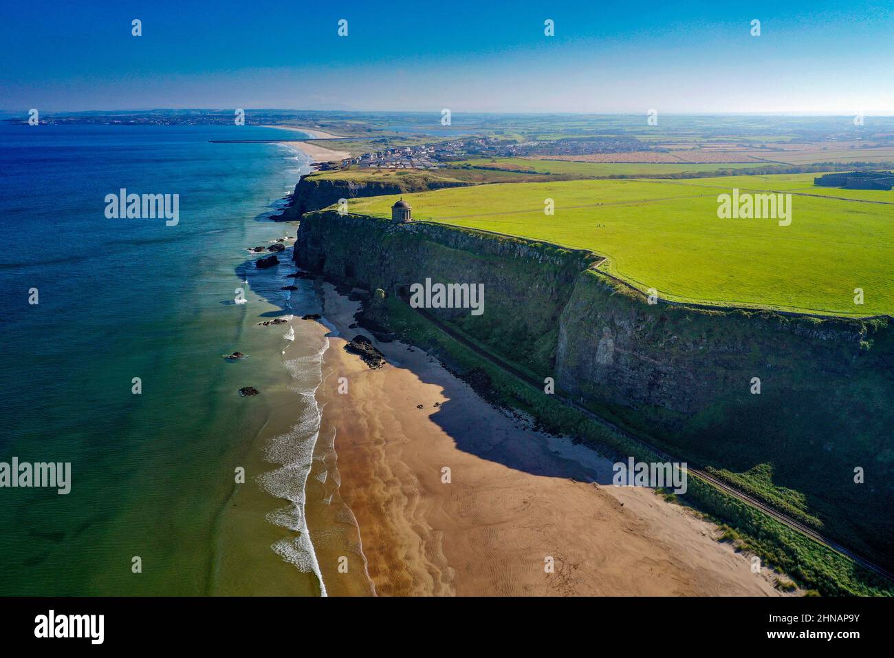 Aerial of Mussenden Temple and Downhill Strand, County Derry looking ...