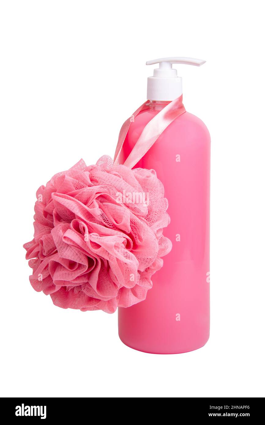 Pink liquid gel soap in dispenser bottle with shower sponge isolated on ...