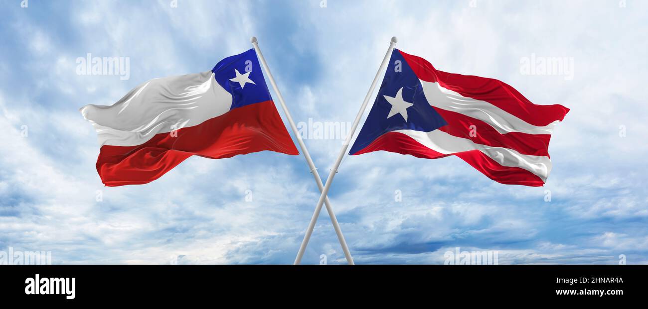 crossed national flags of Chile and Puerto Rico flag waving in wind at cloudy sky. Symbolizing ...