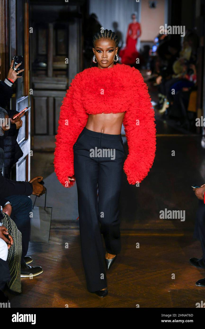 New York, US, February 14 2022. Model Elaine Palacio walks on the ...