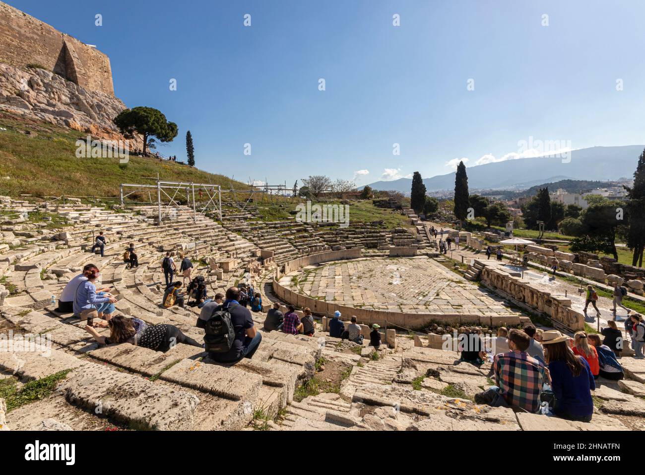 Athens, Greece. The Temenos of Dionysus Eleuthereus, an ancient Greek theatre in the slopes of ...