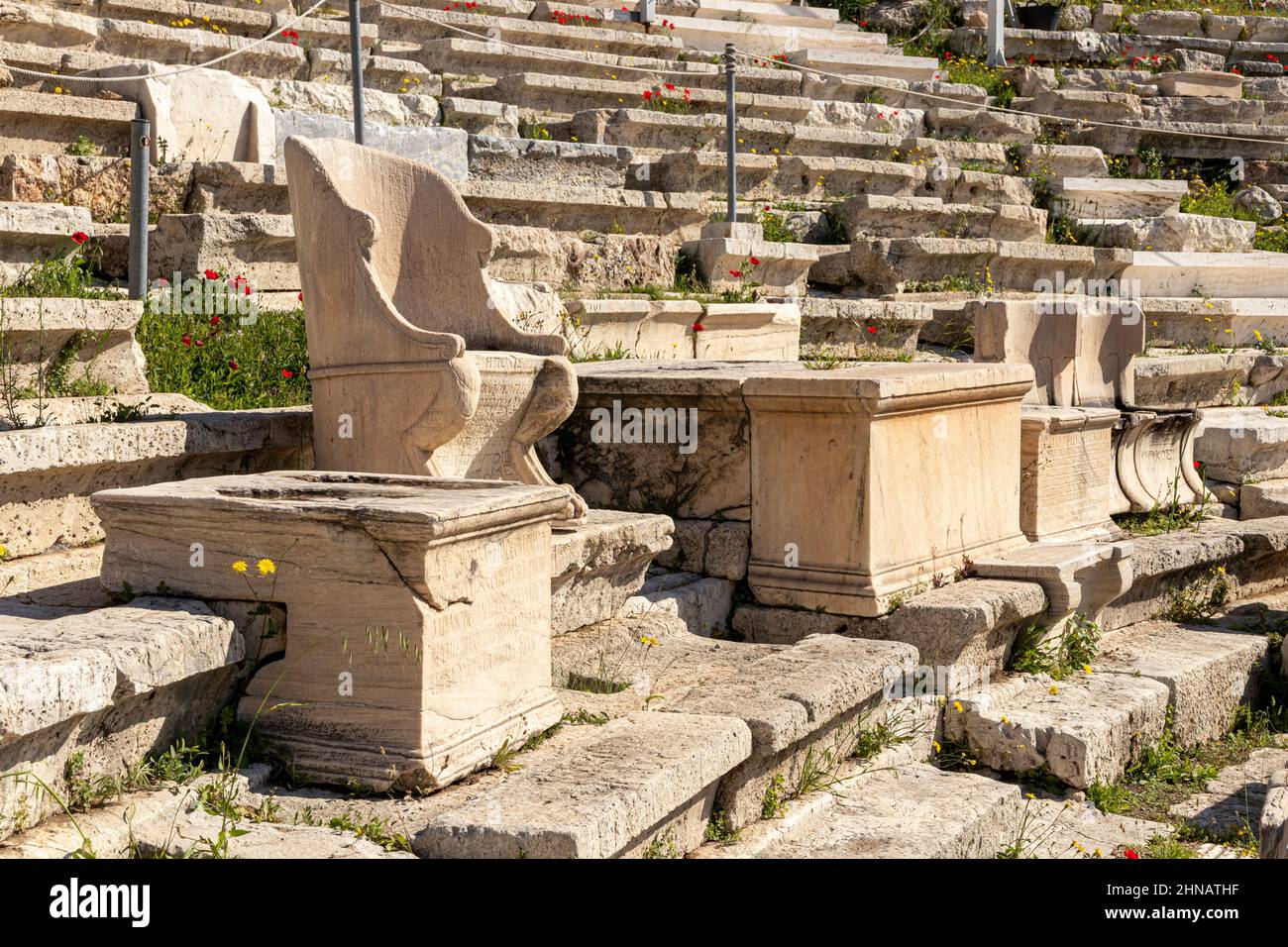 Athens, Greece. Prohedria throne seat from the Lycurgan theatre at the ...