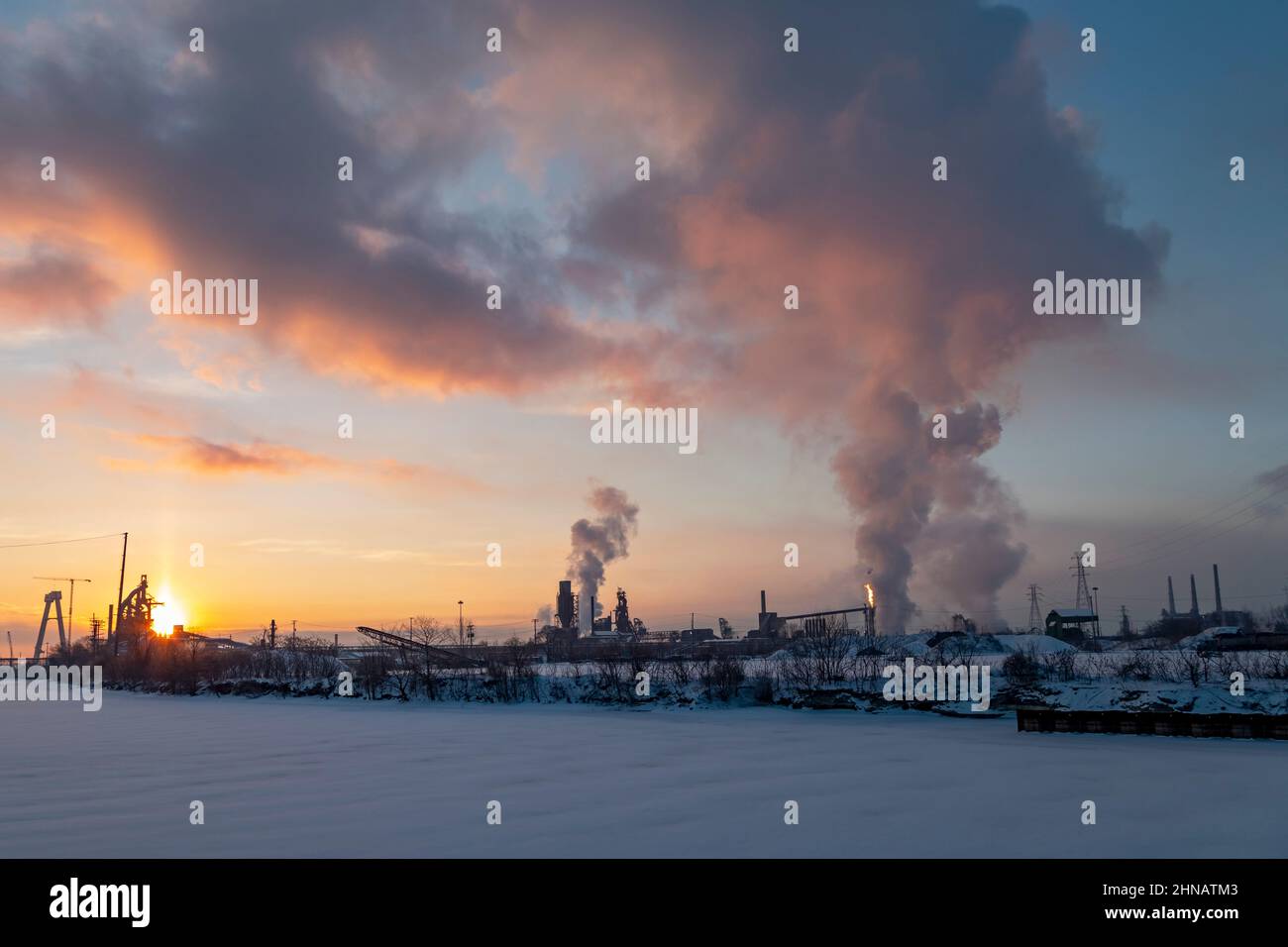 Detroit, Michigan - Dawn at the U.S. Steel mill on Zug Island. The mill ...