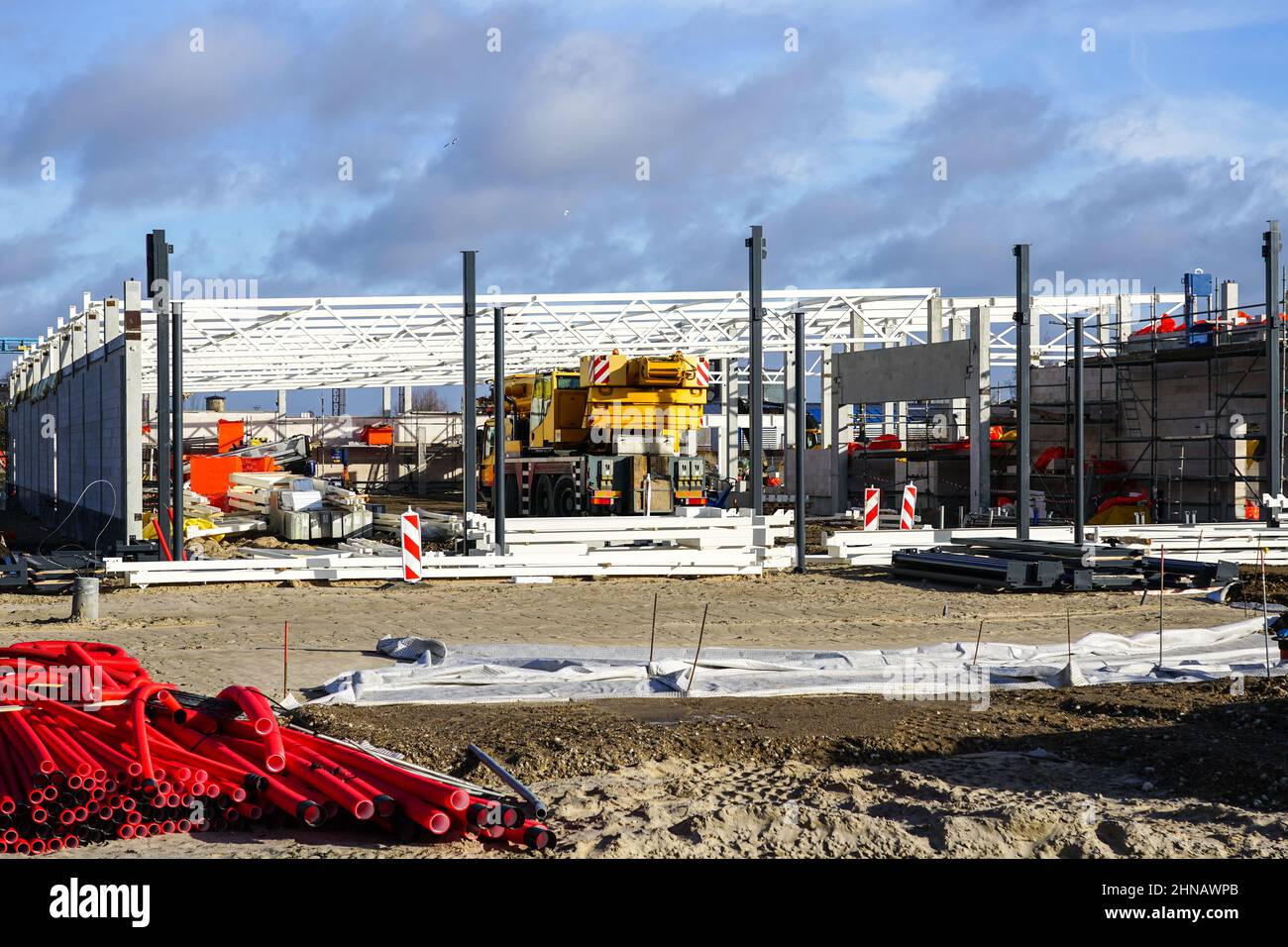 construction of a new modern store building using prefabricated metal ...